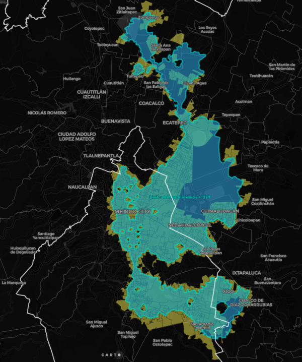 Lago de Texcoco (de1519) y colonias de la ZMVM – Alidrisi Cartografía